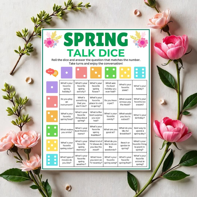 Spring Table Talk Dice, Dicebreaker Roll and Tell Game, Conversation ...