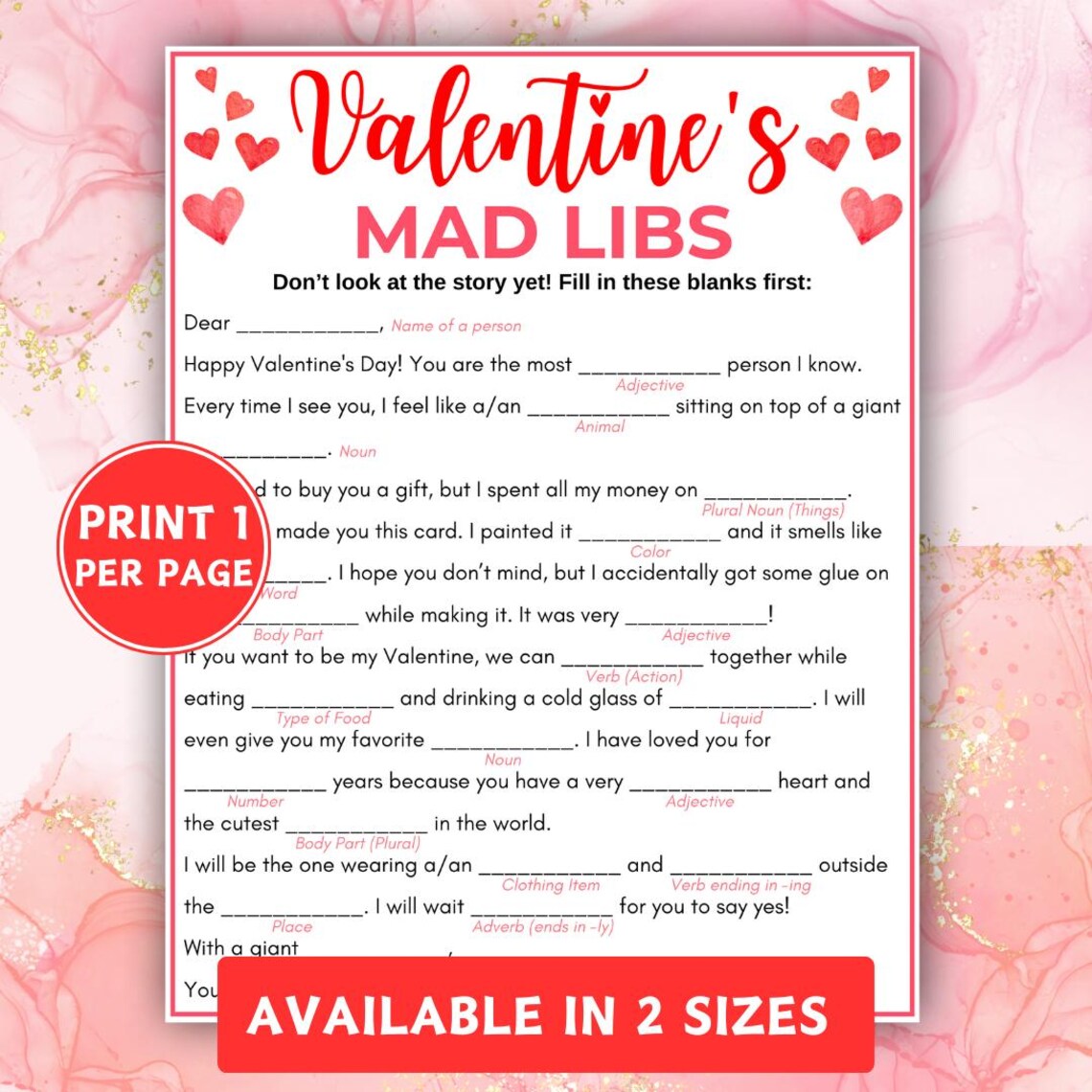 Valentine's Day Mad Libs Game, Printable Games for Kids, Children's ...