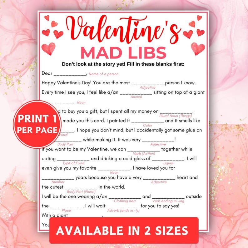 Valentine's Day Mad Libs Game, Printable Games for Kids, Children's ...
