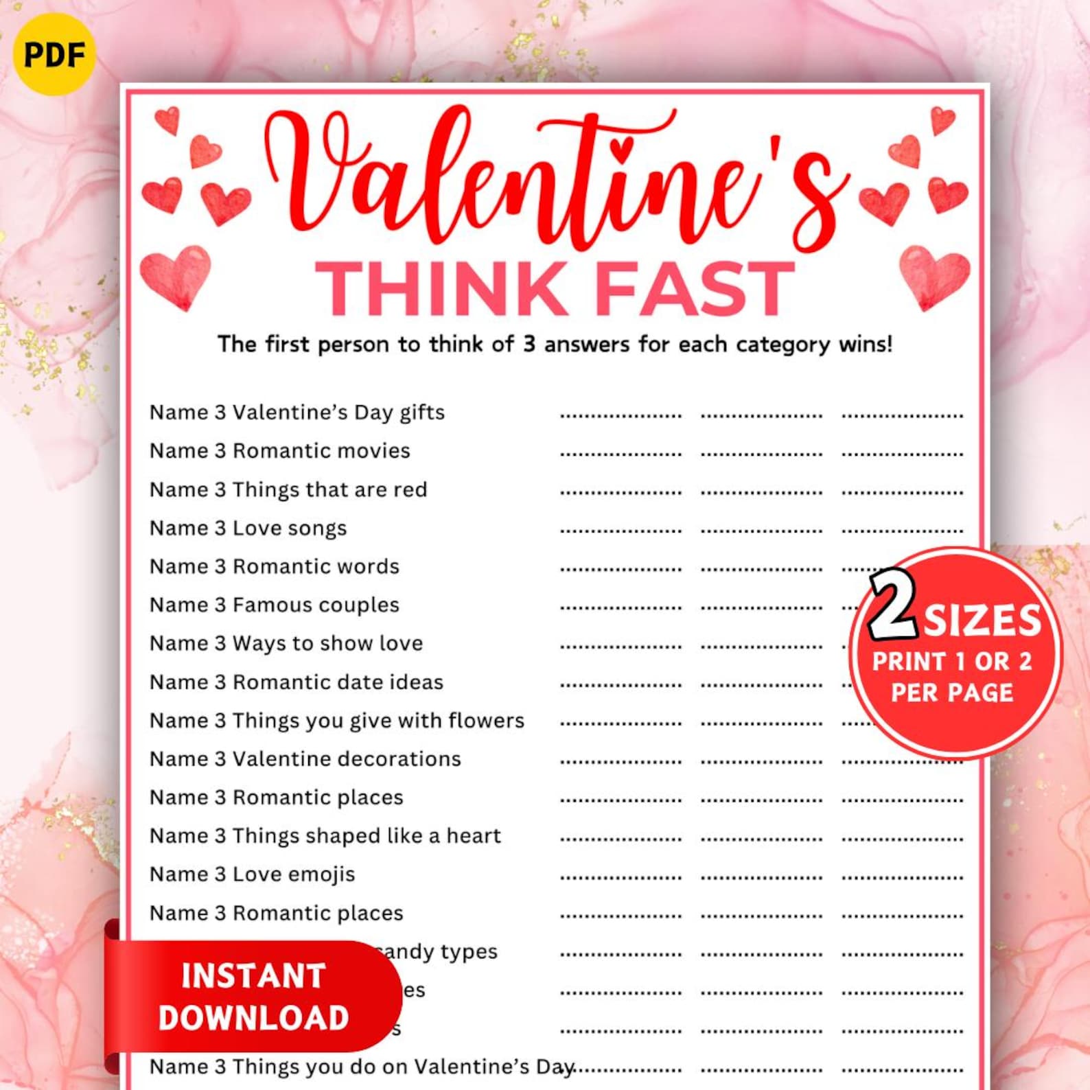 Valentine's Day Think Fast Game! Printable Valentines Games, Valentines ...