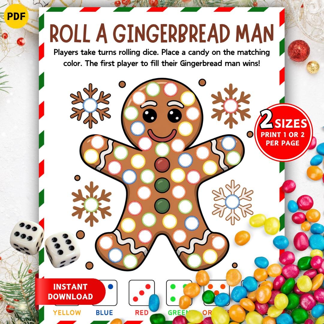 Roll A Gingerbread Dice Game, Printable Christmas Game for Kids Adult ...