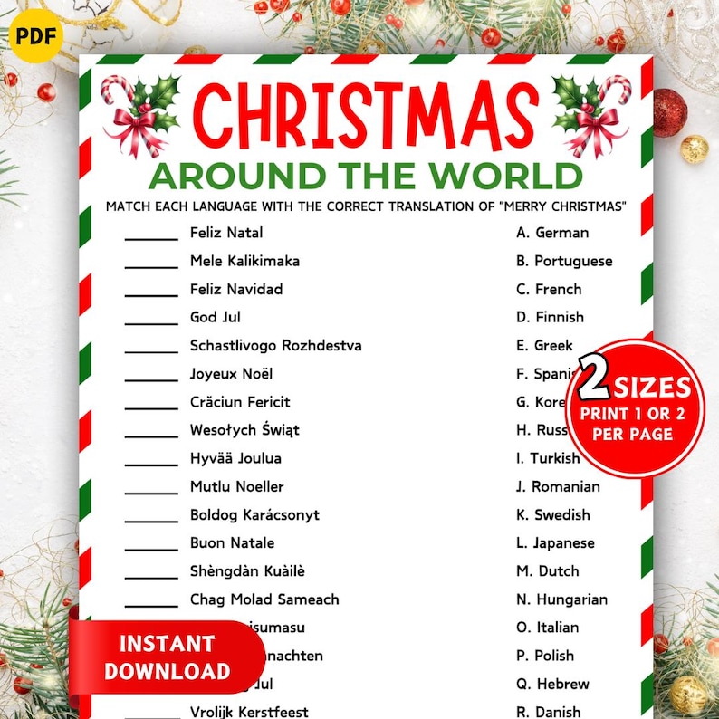 Christmas Around the World Game, Printable Christmas Game, Translate ...