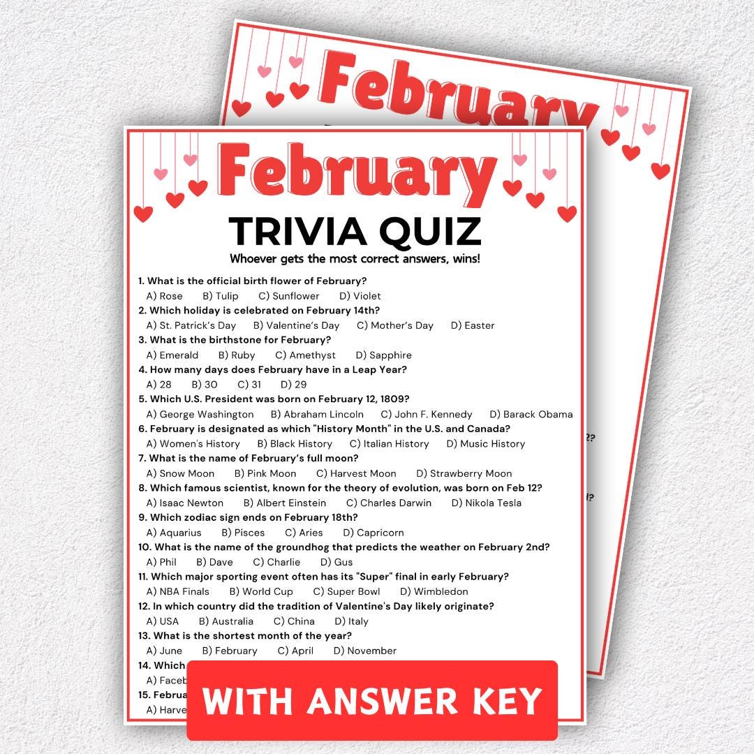February Trivia Game, Valentines Day Trivia Quiz, Winter Season Games ...