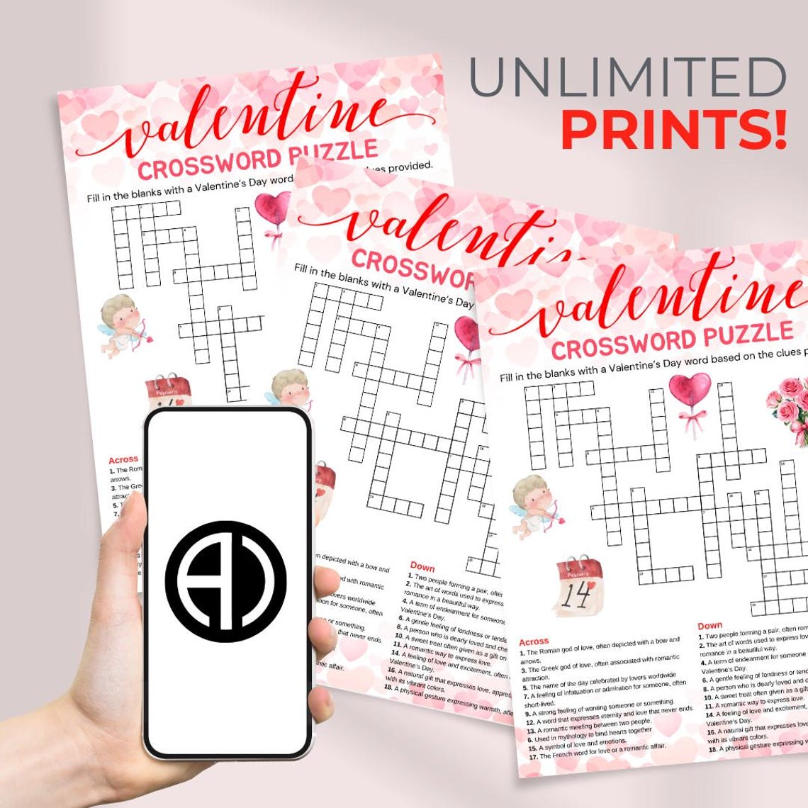 Printable Valentines Day Crossword Puzzle, Valentine Party Game for ...