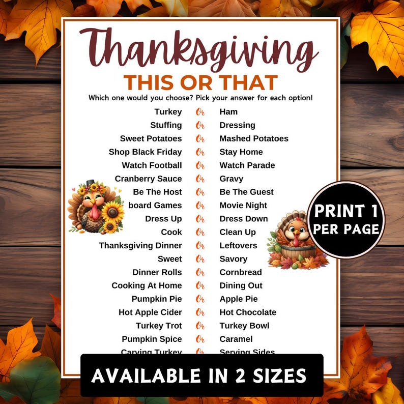 Thanksgiving This or That Game, Printable Thanksgiving Game, Fall ...