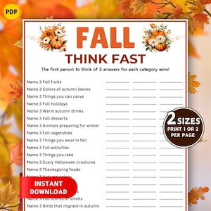 Fall Think Fast Game! Printable Fall Games, Think Quick Trivia Game ...