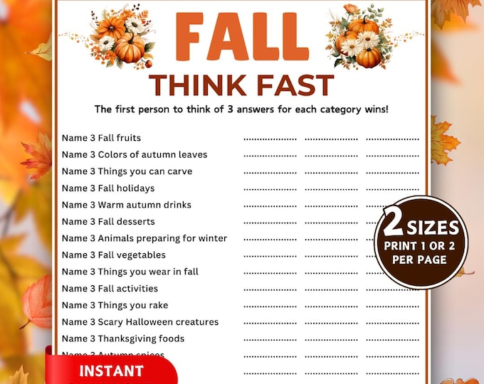Fall Think Fast Game! Printable Fall Games, Think Quick Trivia Game ...
