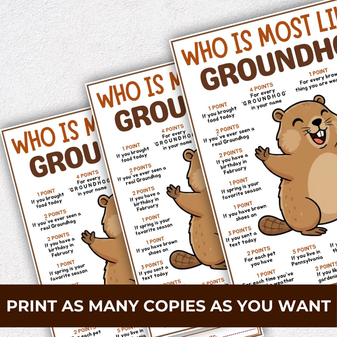 Who is Most Like a Groundhog Game, Punxsutawney Phil Printable Games ...