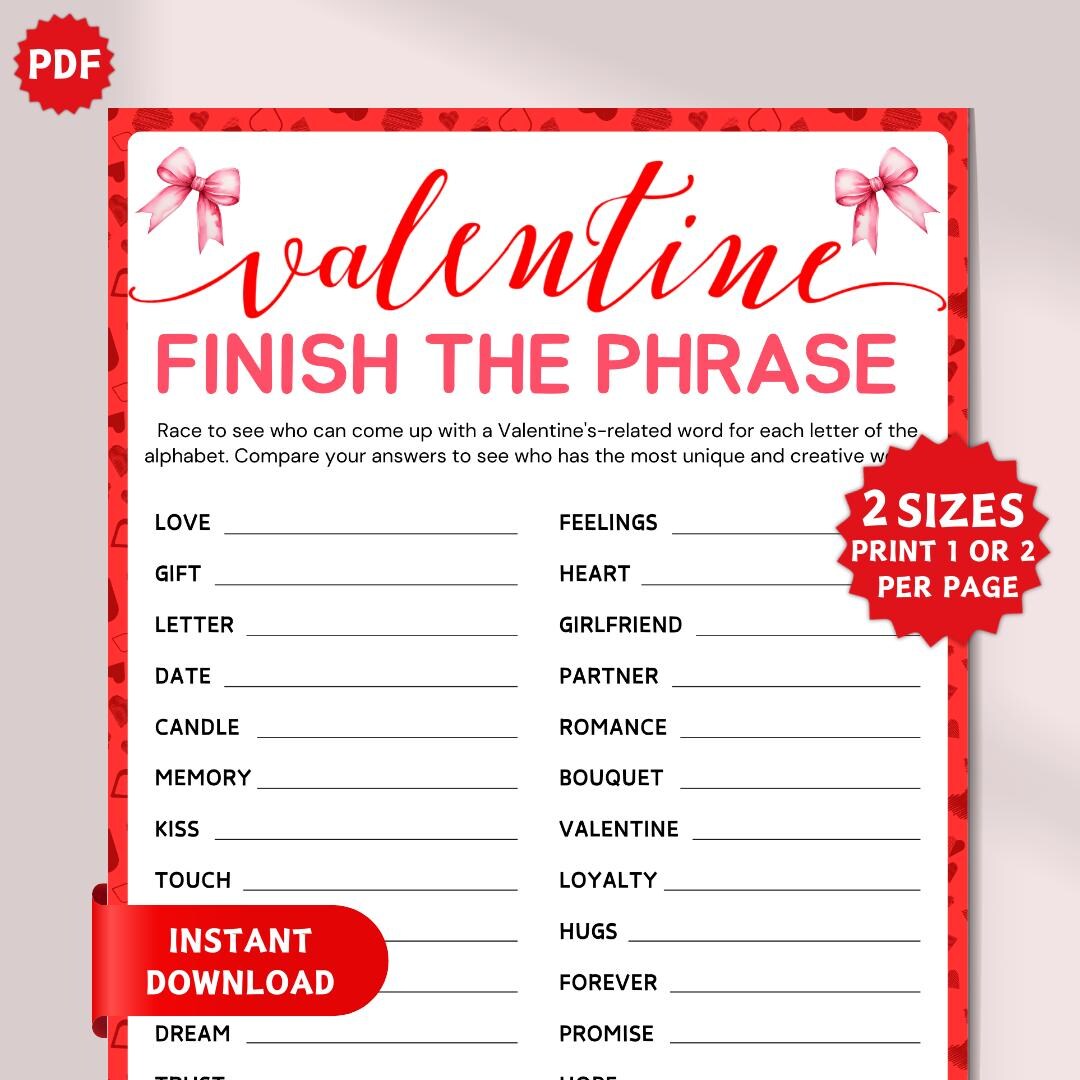 Valentine's Day Finish the Phrase Game, Finish My Phrase, Printable ...
