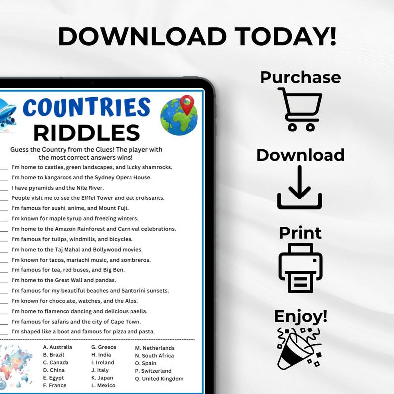 Countries Riddles Game With Answers, Printable Party Game for Kids ...