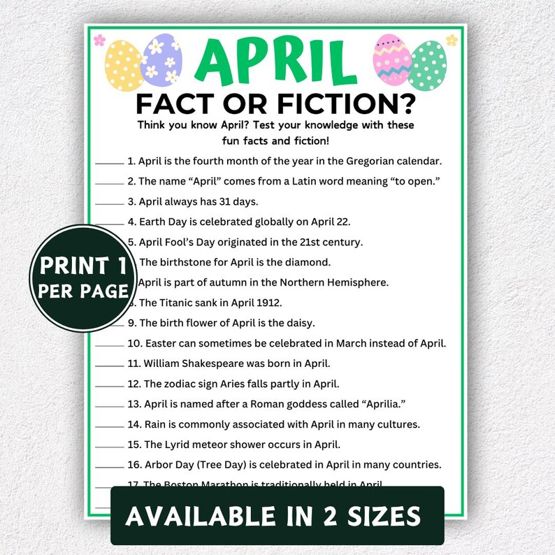 April Fact or Fiction Game, Easter Party Game, Spring Season Games ...