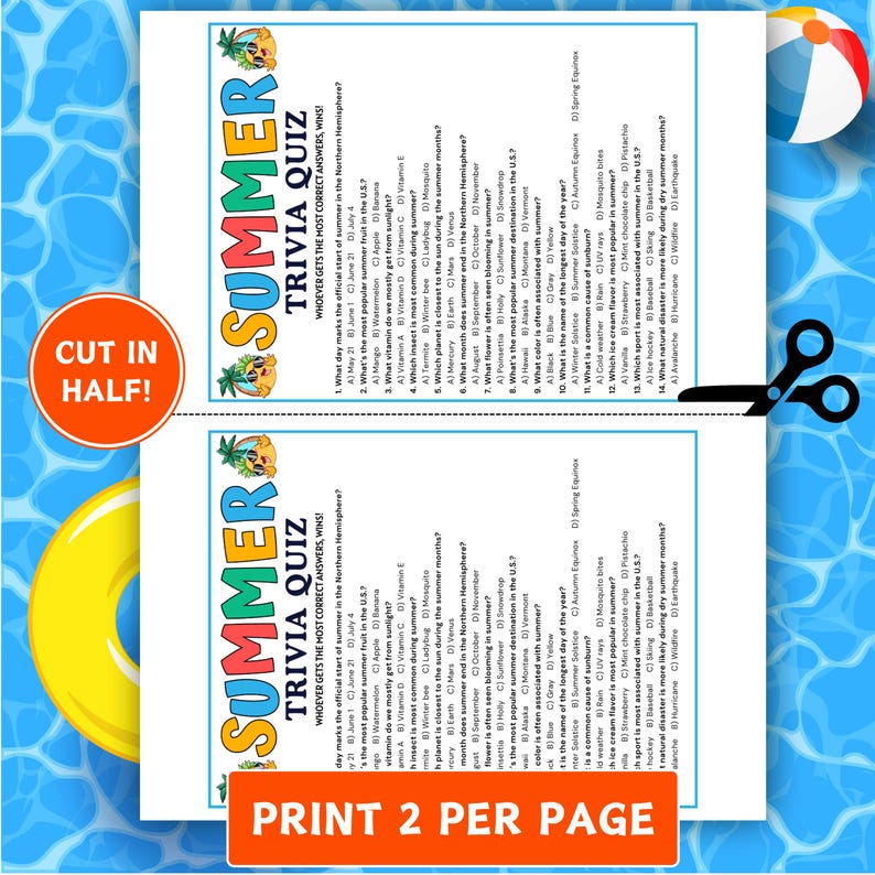 Summer Trivia Game, Printable Summer Party Game, Summer Activities for ...