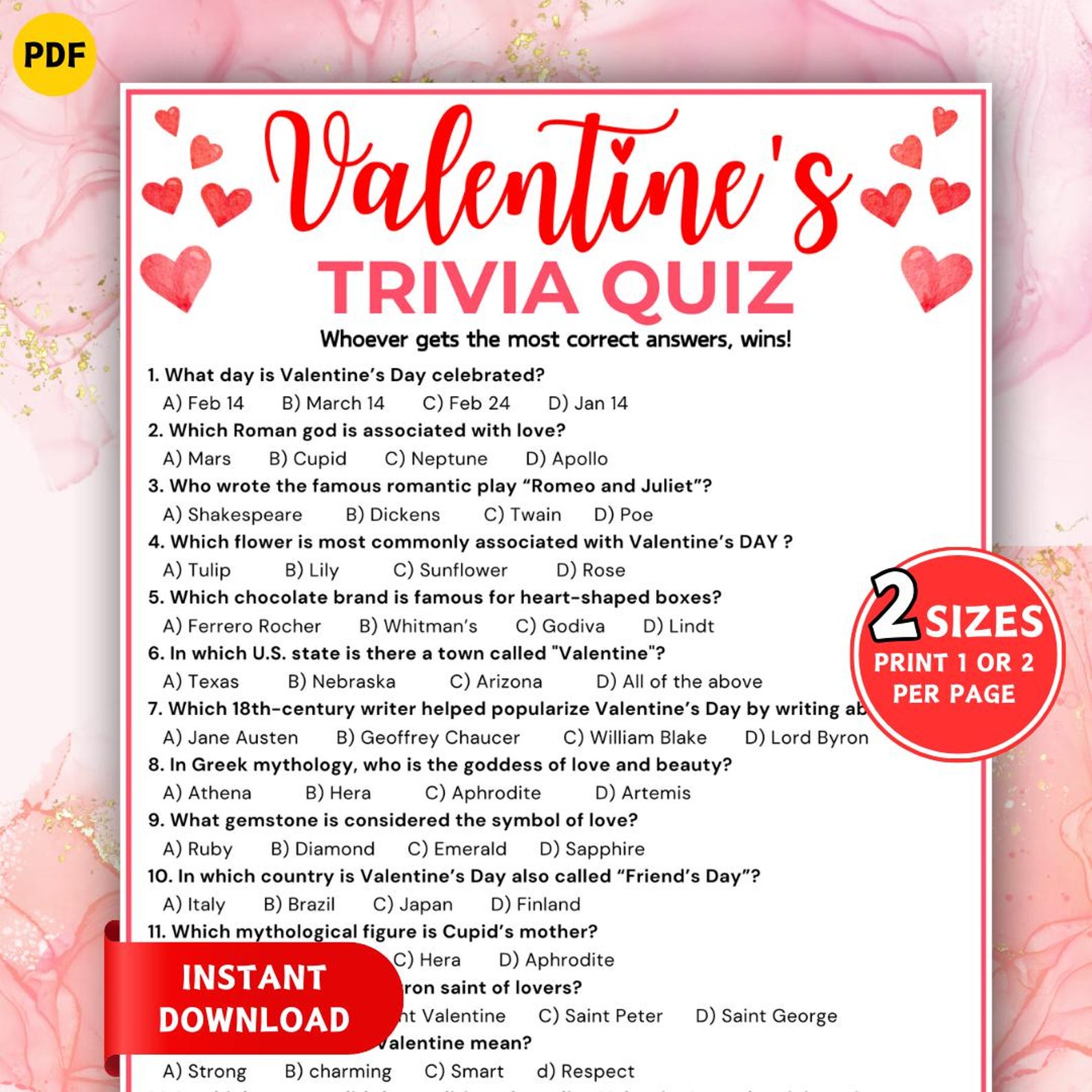 Valentine's Day Trivia Game, Printable Valentines Day Party Game ...