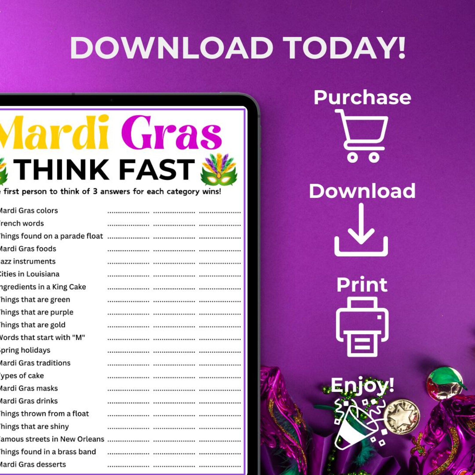 Mardi Gras Think Fast Game! Printable Mardi Gras Games, Think Quick ...
