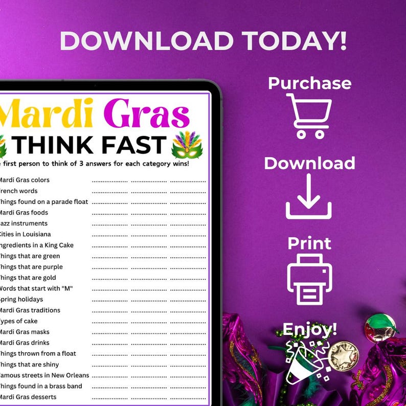 Mardi Gras Think Fast Game! Printable Mardi Gras Games, Think Quick ...