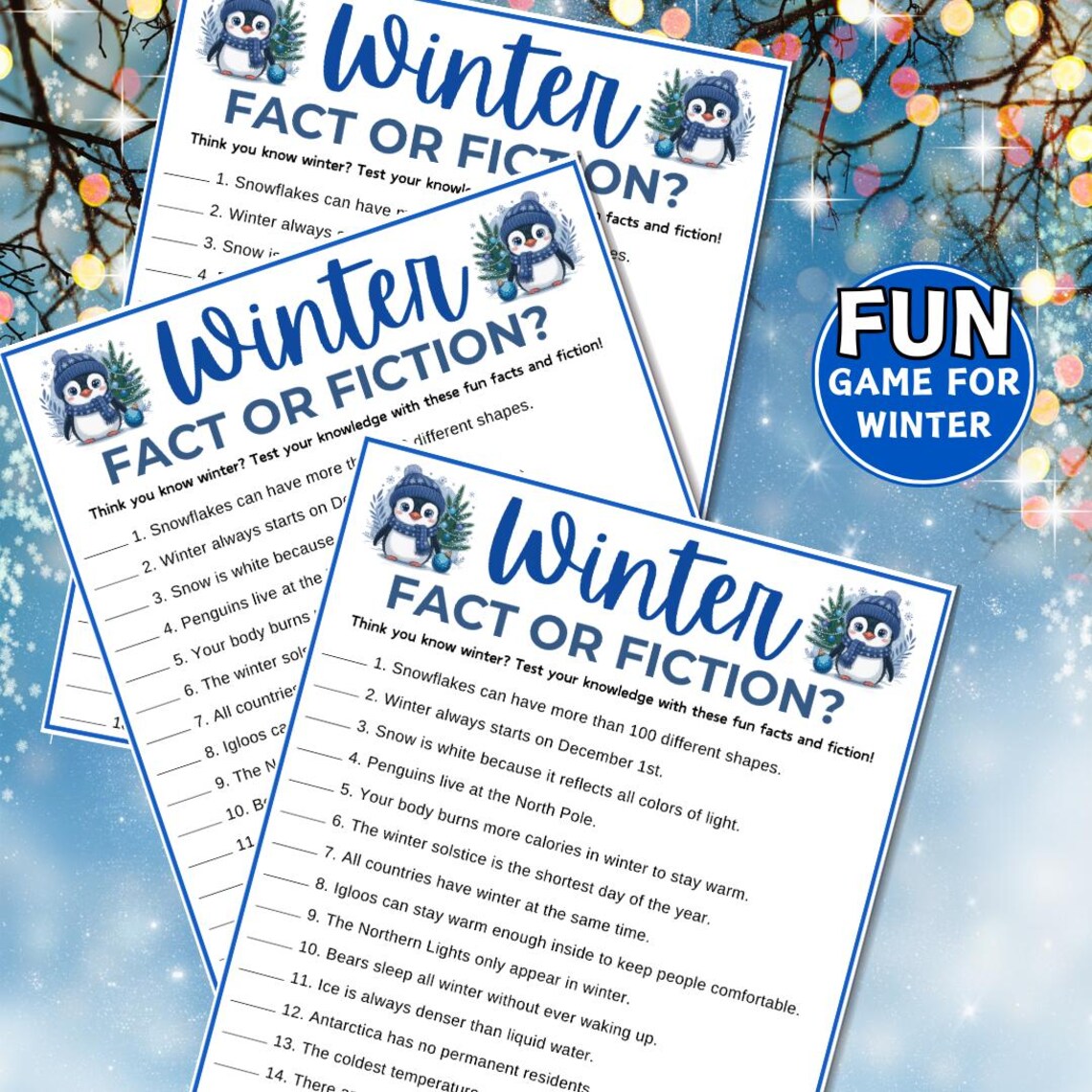Winter Fact or Fiction Game, Printable Holiday Trivia Party Game ...