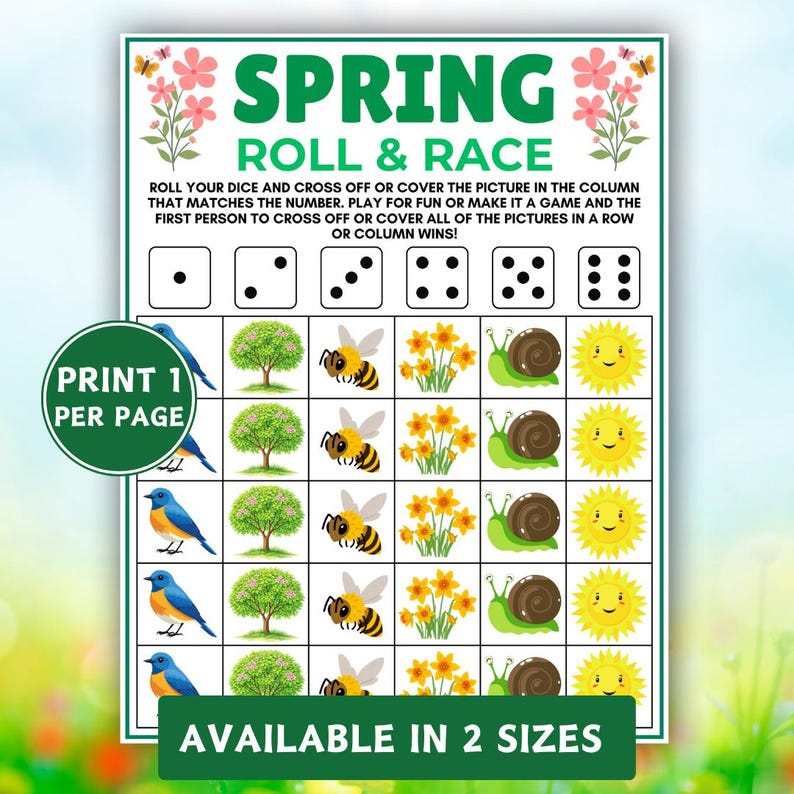 Spring Roll and Race Game, Printable Spring Dice Game for Kids & Adults ...