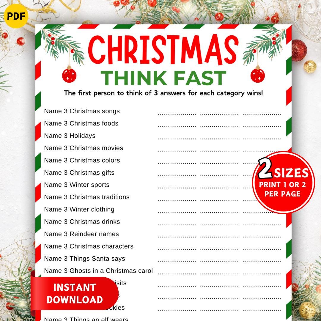 Christmas Think Fast Game! Printable Christmas Games, Think Quick ...