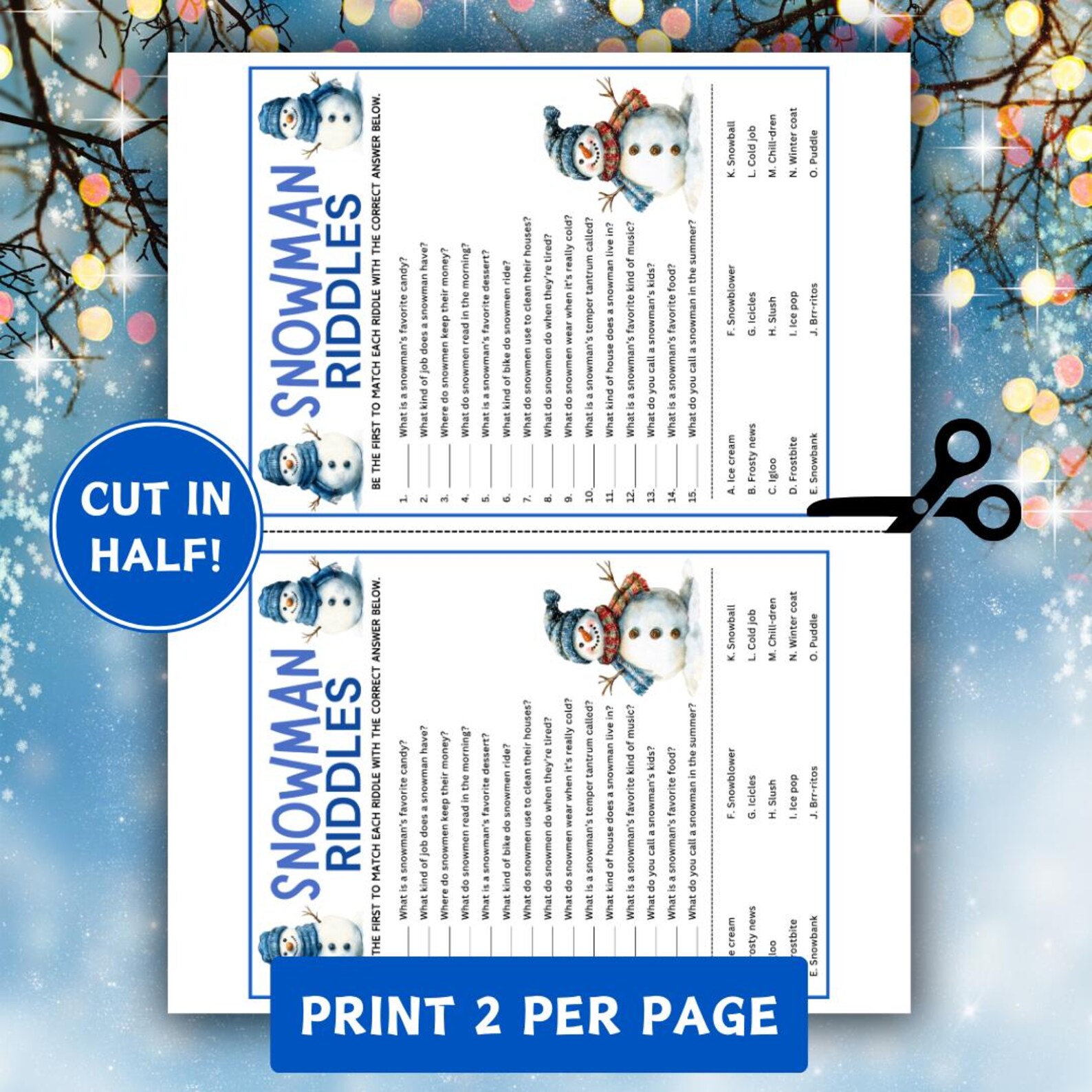 Snowman Riddles Game, Riddle Me This, Printable Winter Activities ...