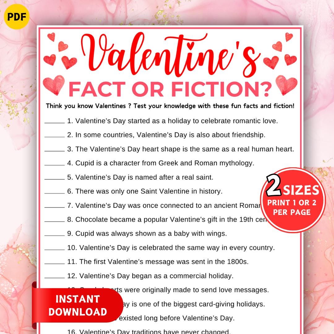 Valentine's Day Fact or Fiction Game, Printable Trivia Party Game ...