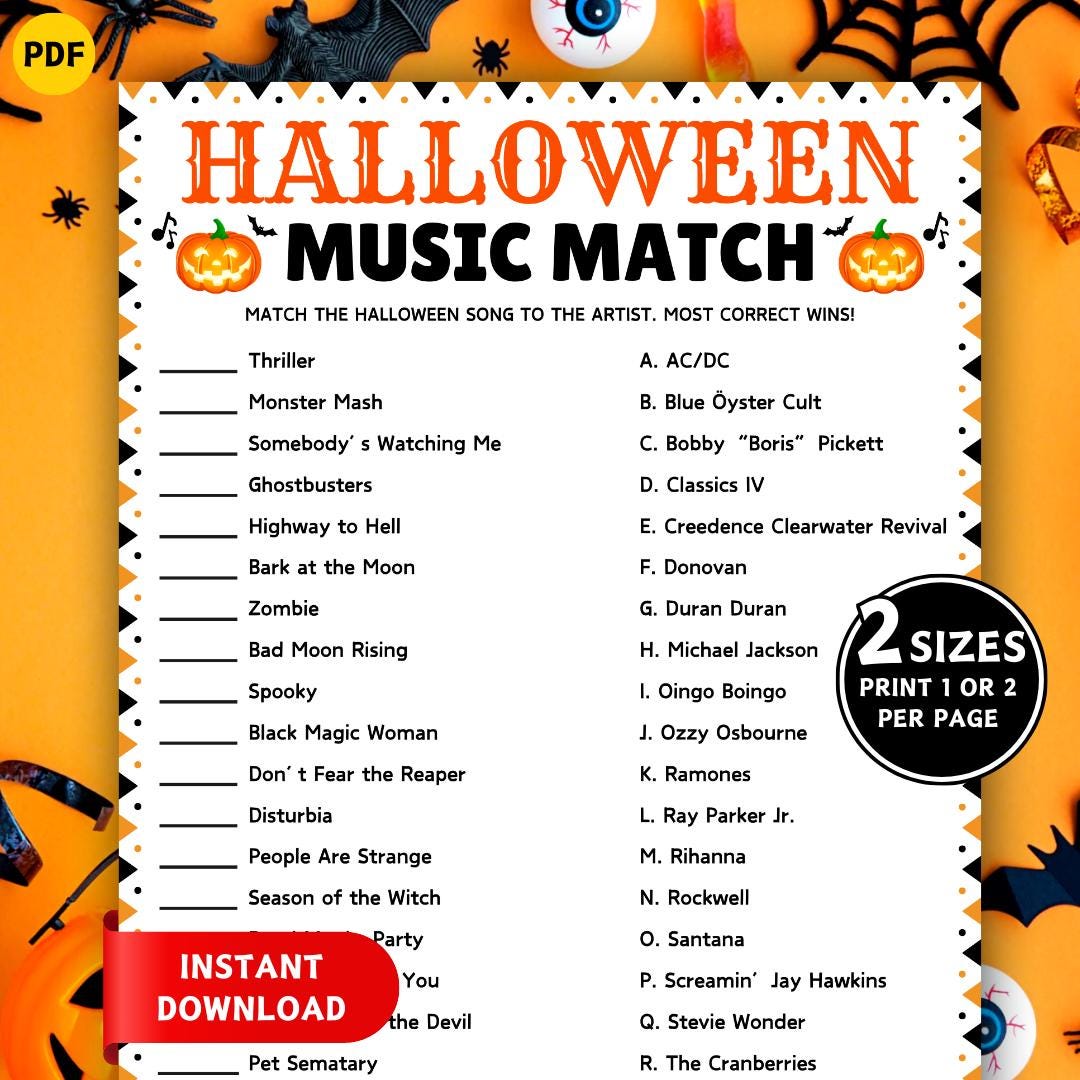 Halloween Music Match Trivia Game, Halloween Song Match, Halloween ...
