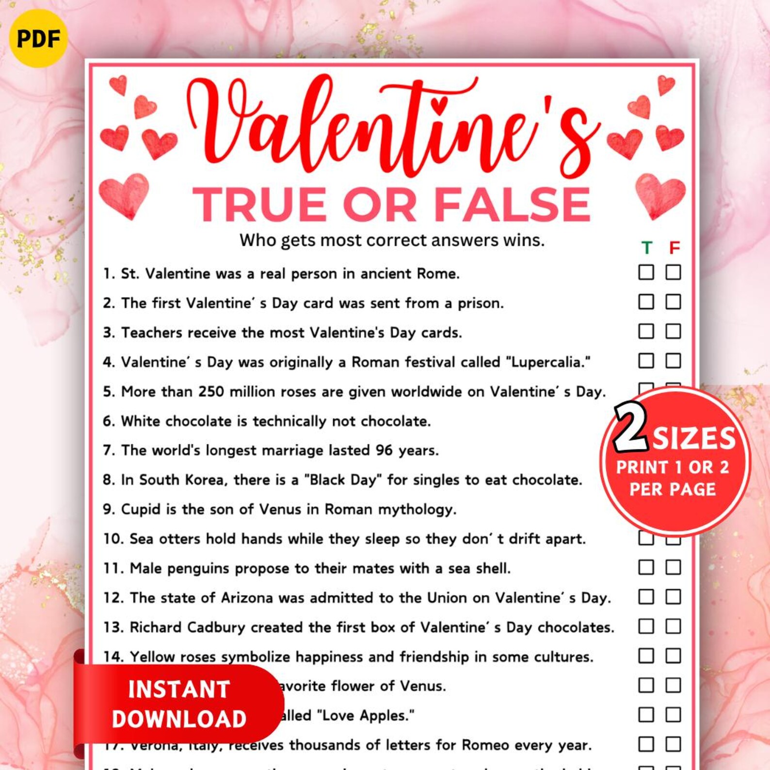 Valentine's Day True or False Game, Printable Valentines Day Game ...