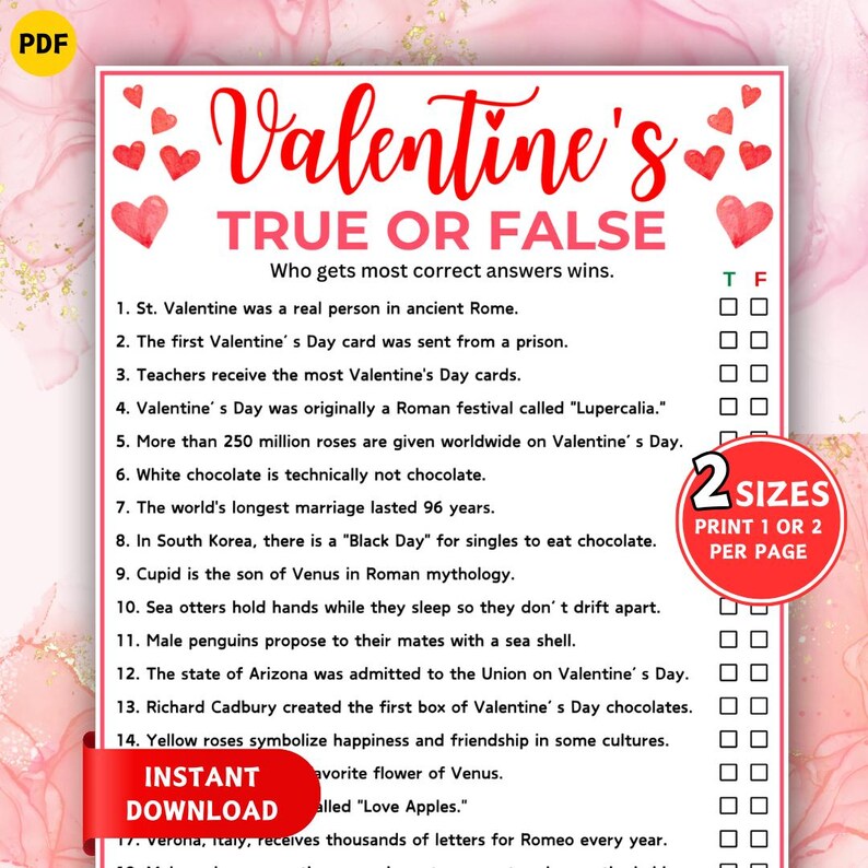 Valentine's Day True or False Game, Printable Valentines Day Game ...