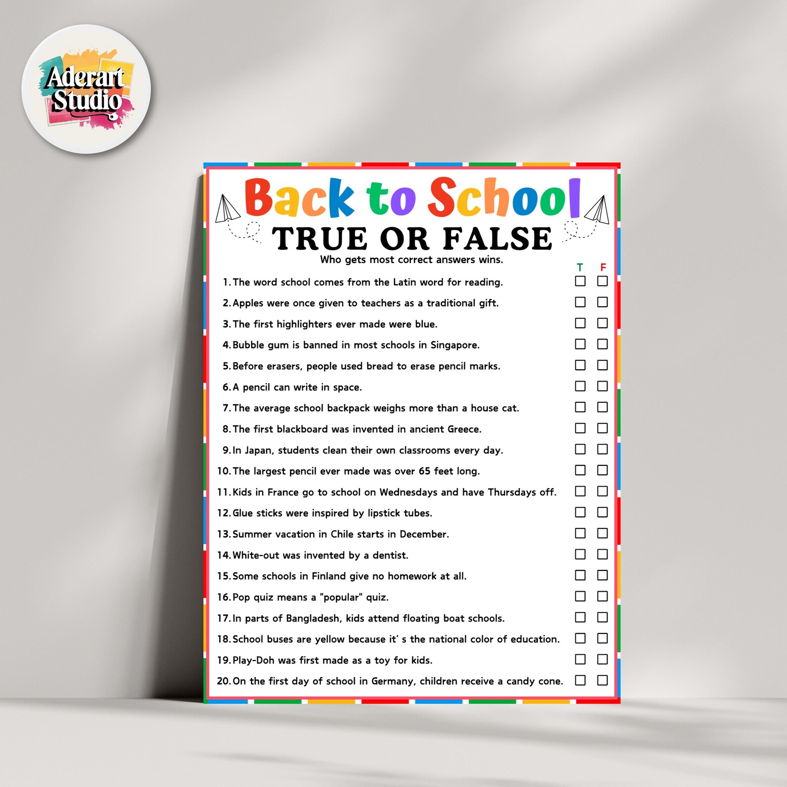 Back to School Trivia Game, True or False Game, Printable School Party ...