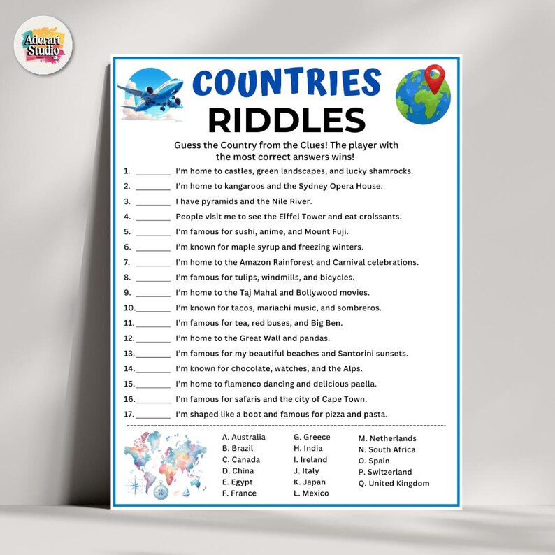 Countries Riddles Game With Answers, Printable Party Game for Kids ...
