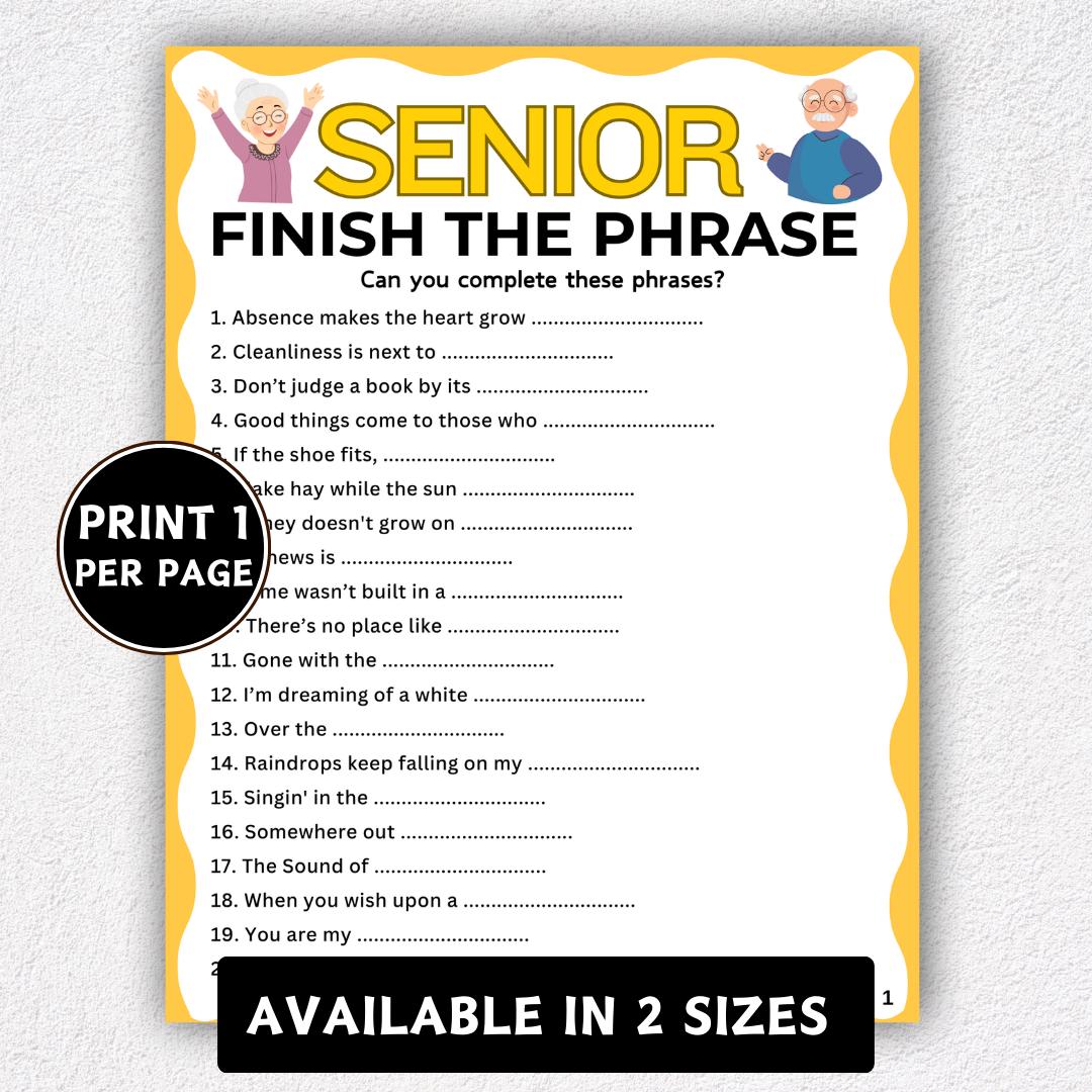 Senior Finish the Phrase Game, Printable Games for Senior Citizens ...