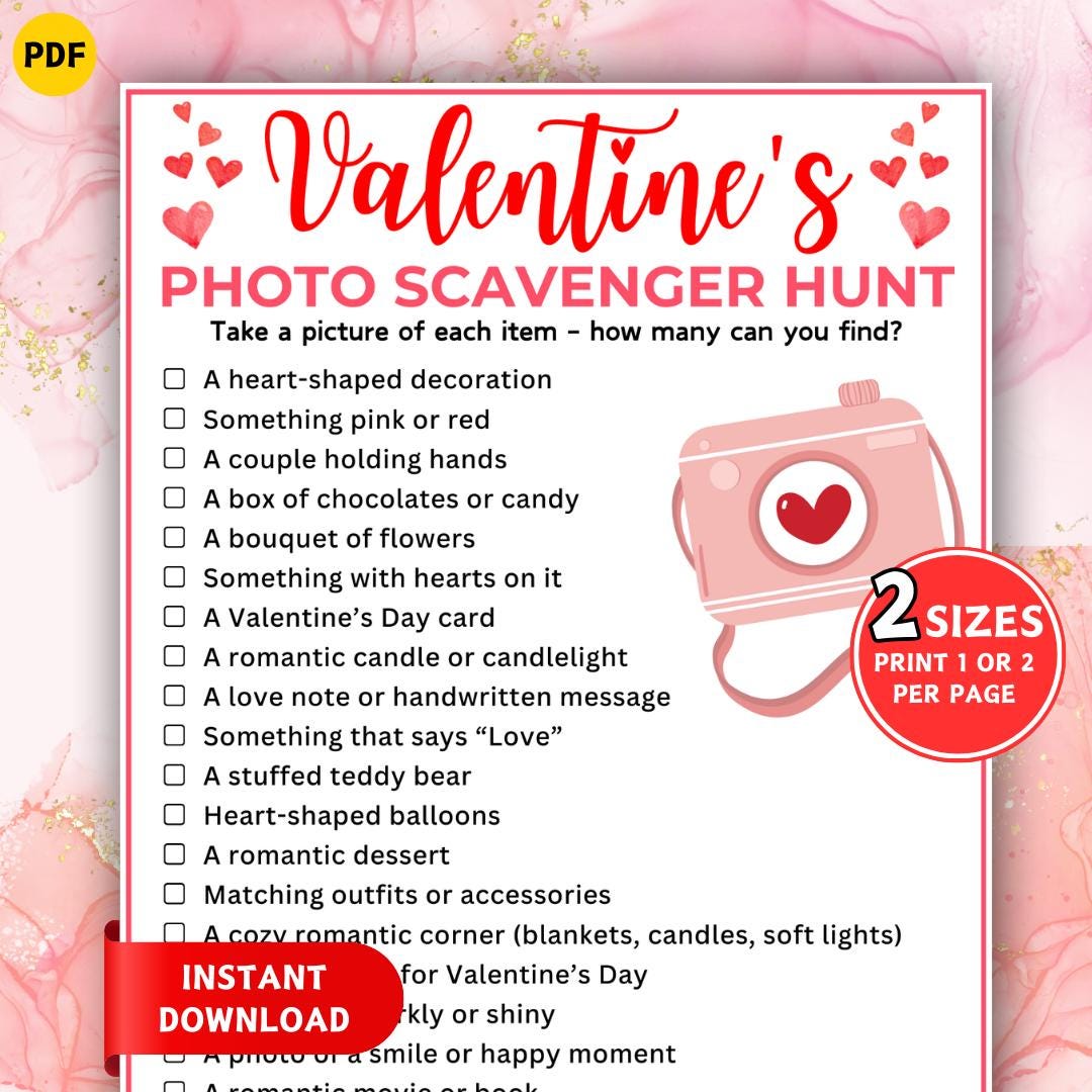 Valentine's Photo Scavenger Hunt Game, Printable Valentine's Day Party ...