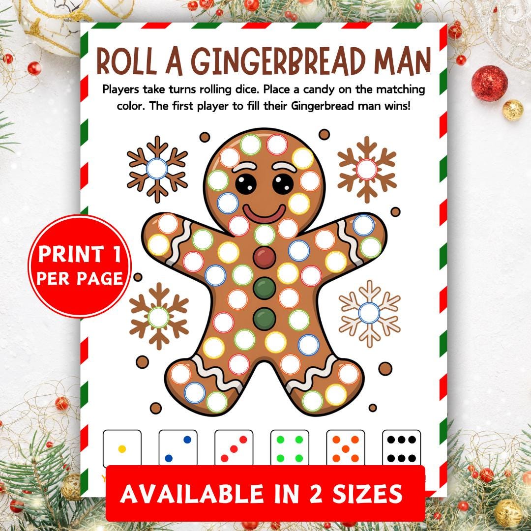Roll A Gingerbread Dice Game, Printable Christmas Game for Kids Adult ...