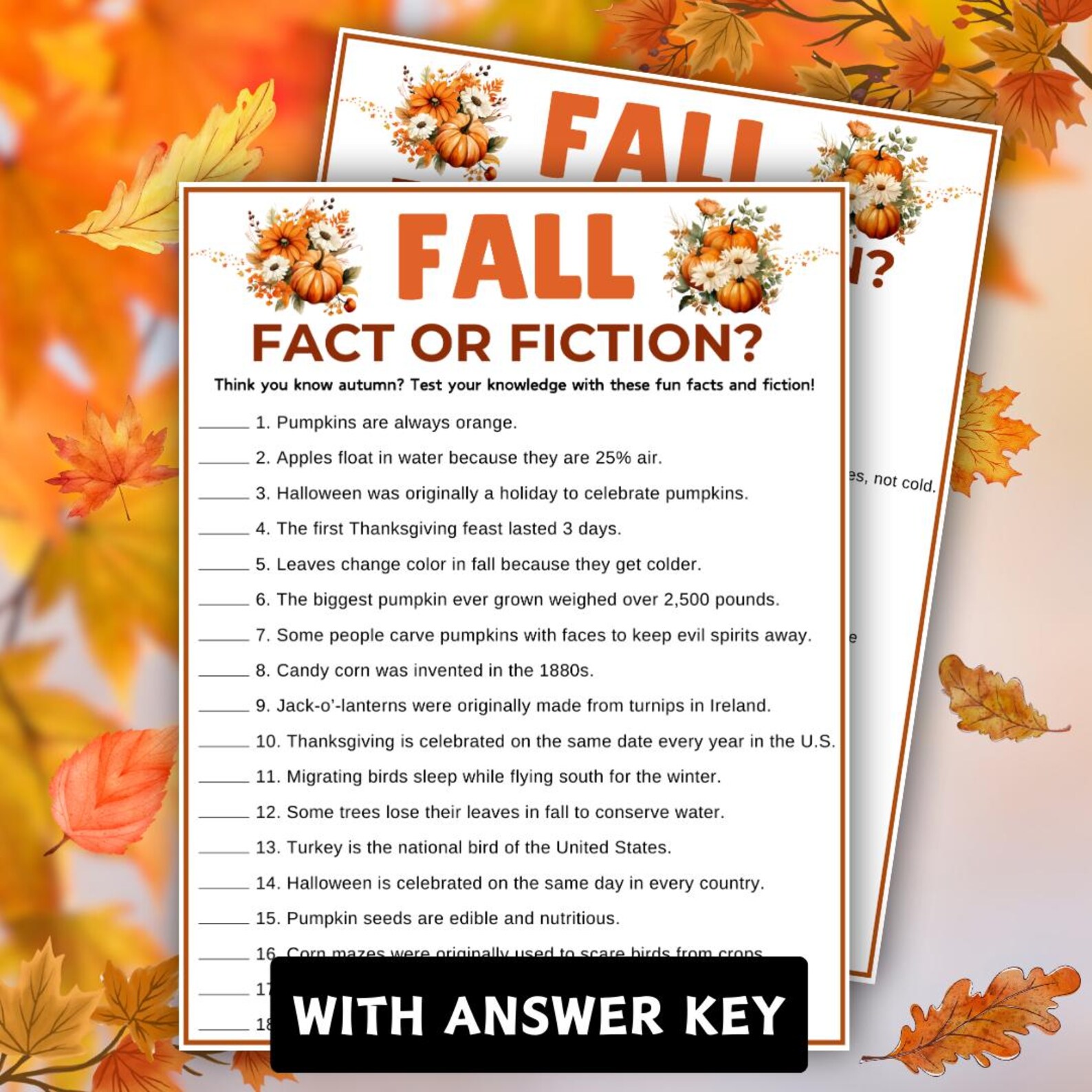 Fall Fact or Fiction Game, Printable Autumn Fact Quiz, Fall Trivia Game ...