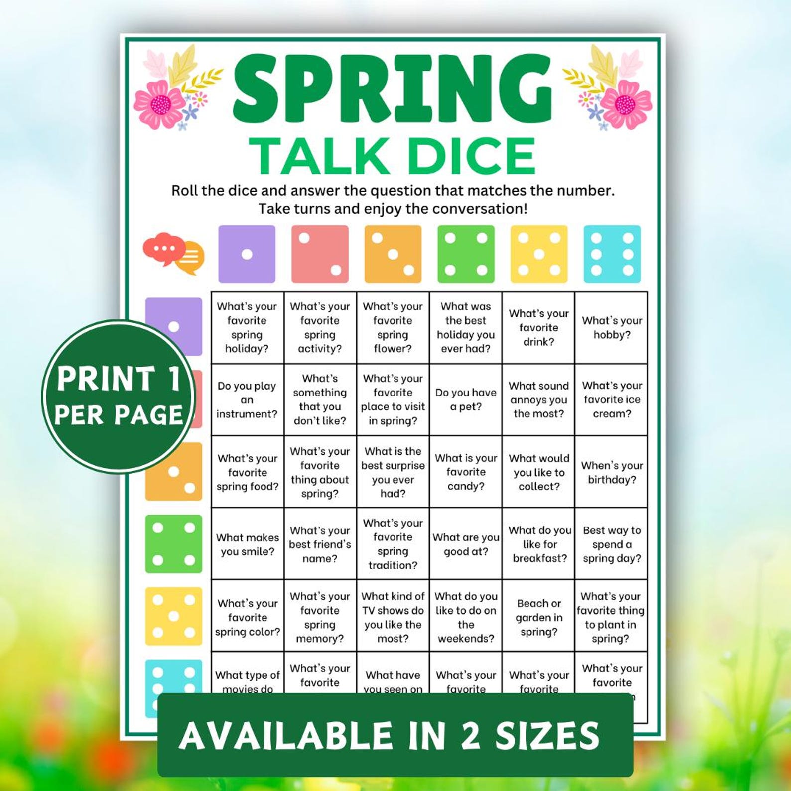 Spring Table Talk Dice, Dicebreaker Roll and Tell Game, Conversation ...