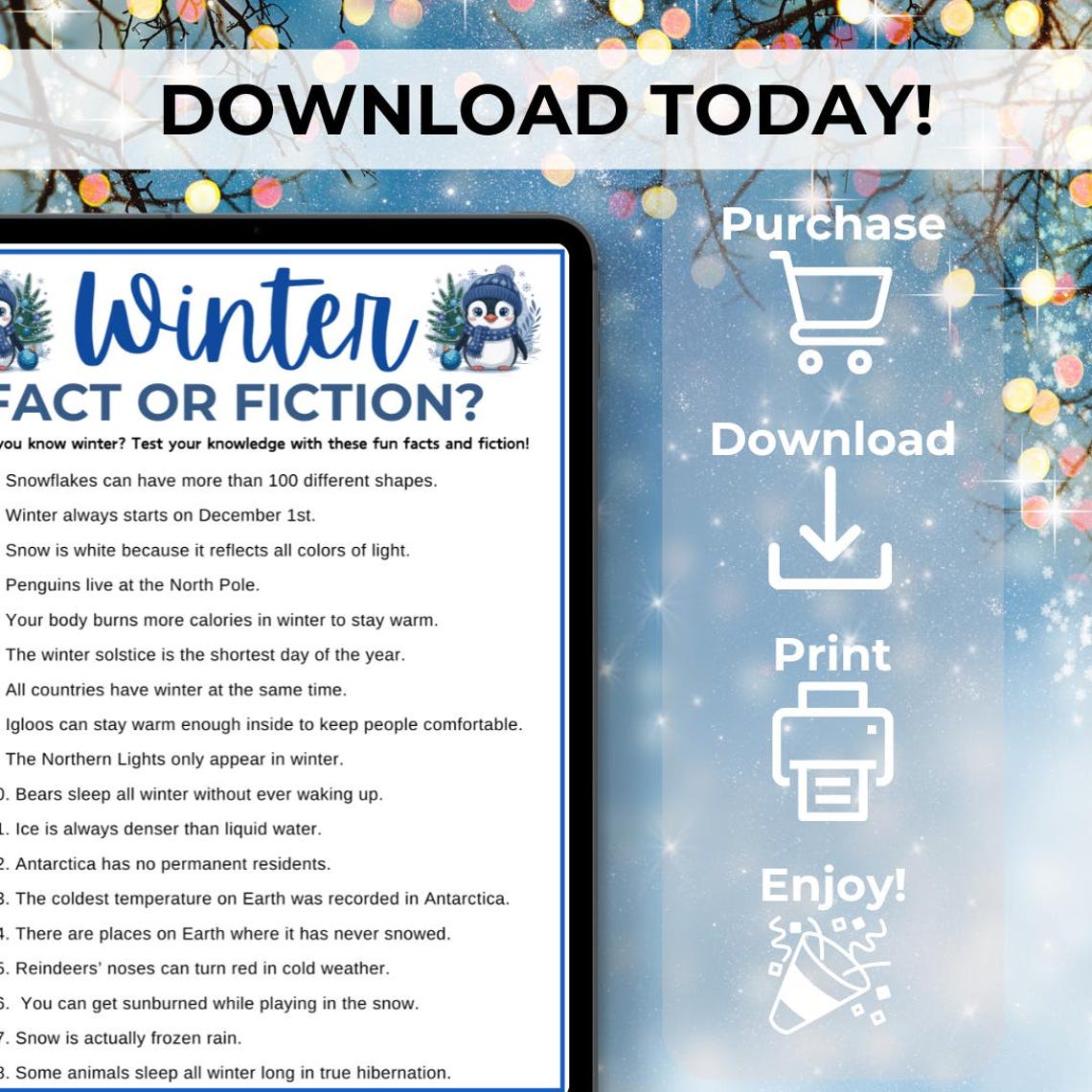 Winter Fact or Fiction Game, Printable Holiday Trivia Party Game ...