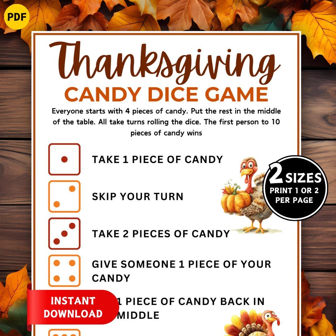 Thanksgiving Candy Dice Game, Printable Thanksgiving Games, Candy ...