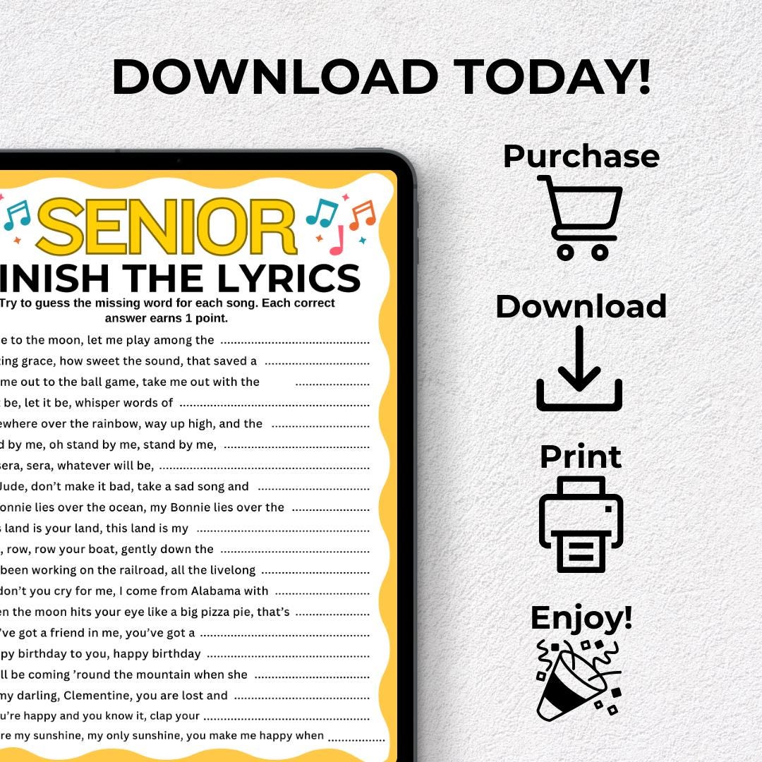 Printable Finish the Lyrics Game, Song Game for Seniors Citizens, Song ...