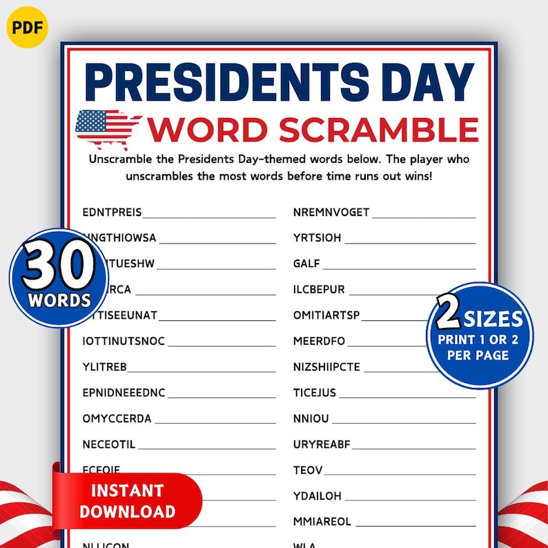 Presidents Day Word Scramble Game, Printable Patriotic Game, American ...