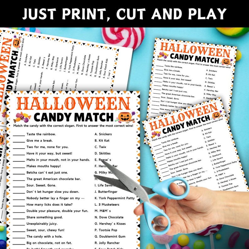 Halloween Candy Match Game, Candy Slogan Trivia Game, Printable ...