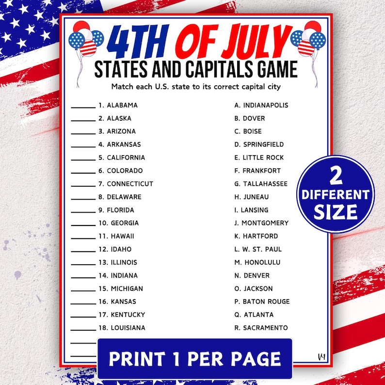 States and Capitals Match up Game, US States Game, American Trivia Game ...
