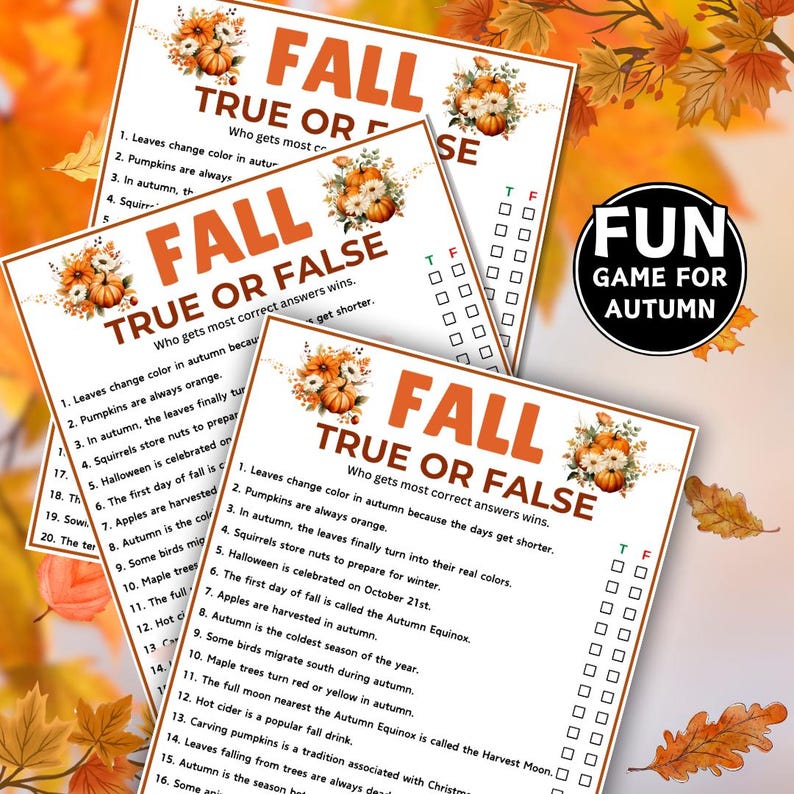 Fall Trivia Game, True or False Game, Printable Autumn Party Game, Fun ...