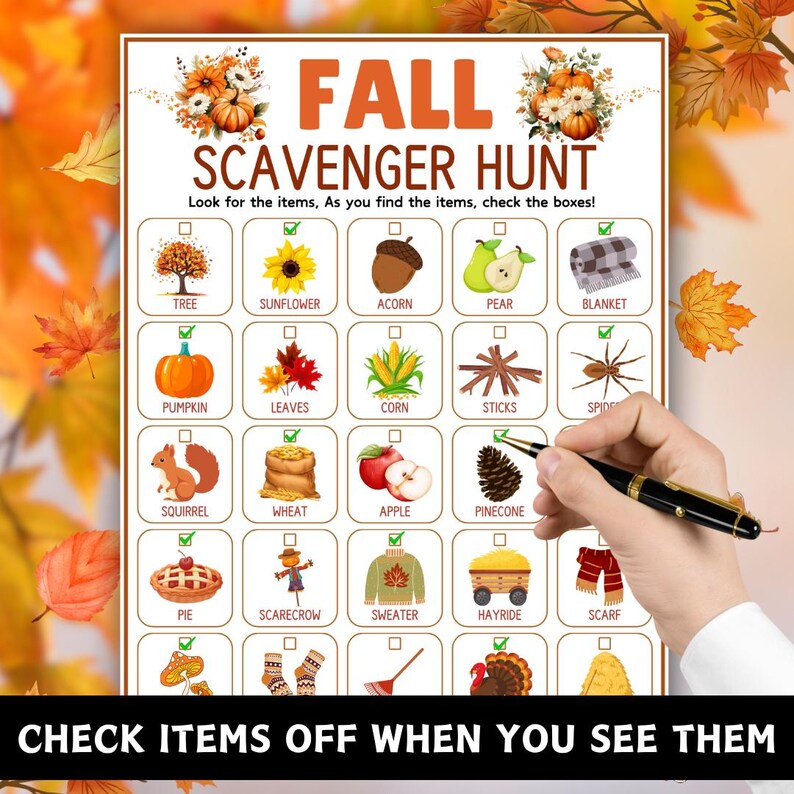 Fall Scavenger Hunt, Indoor Treasure Hunt, Printable Autumn Game for ...