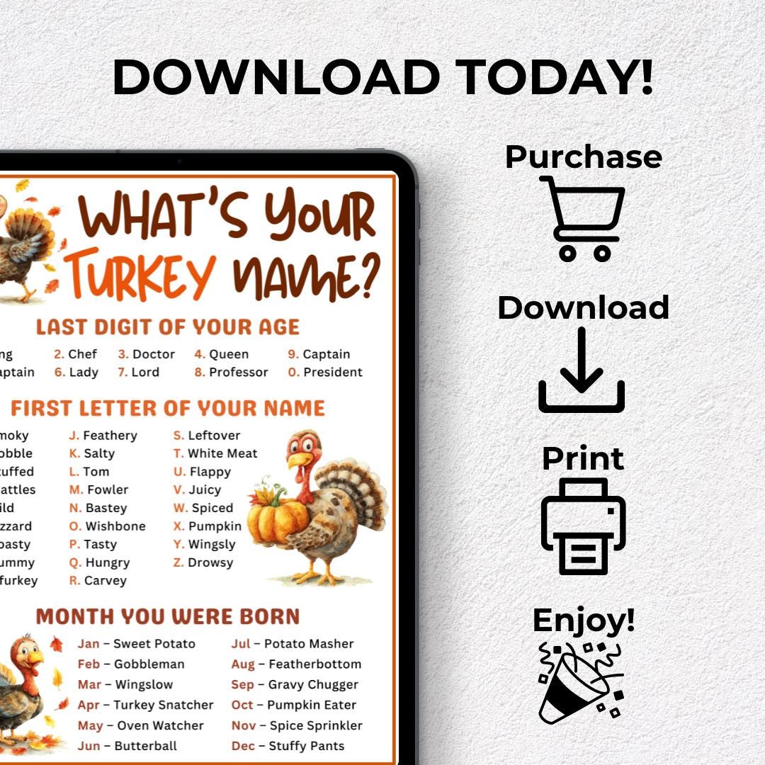 What's Your Turkey Name Game With Nametags, Printable Thanksgiving Game ...
