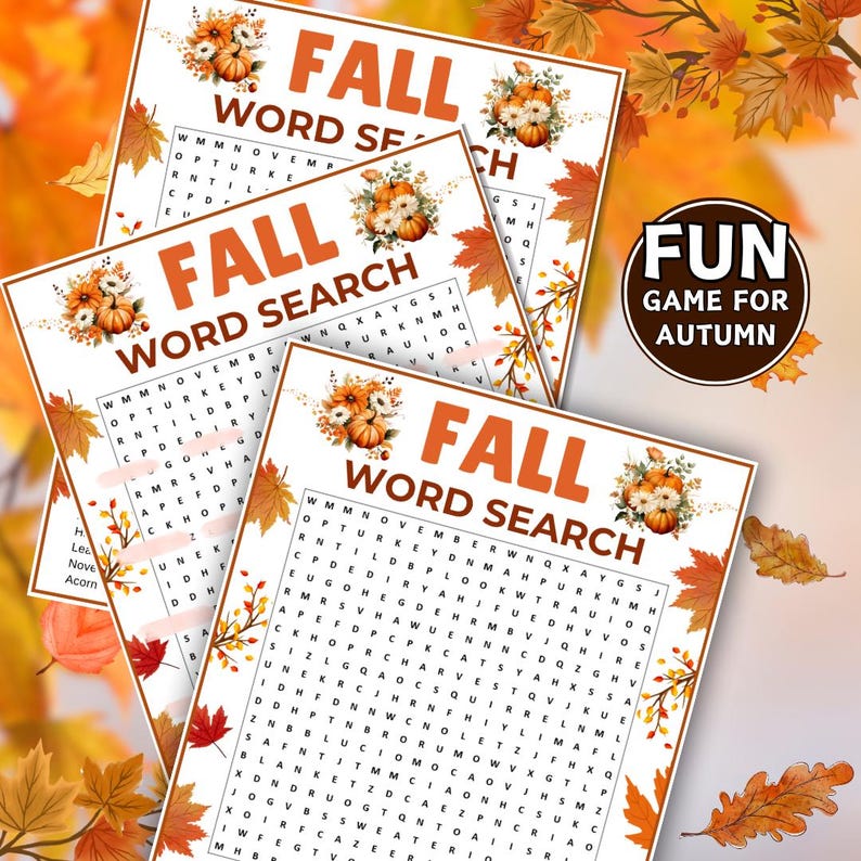 Fall Word Search Game, Printable Autumn Party Games, Word Search Puzzle ...