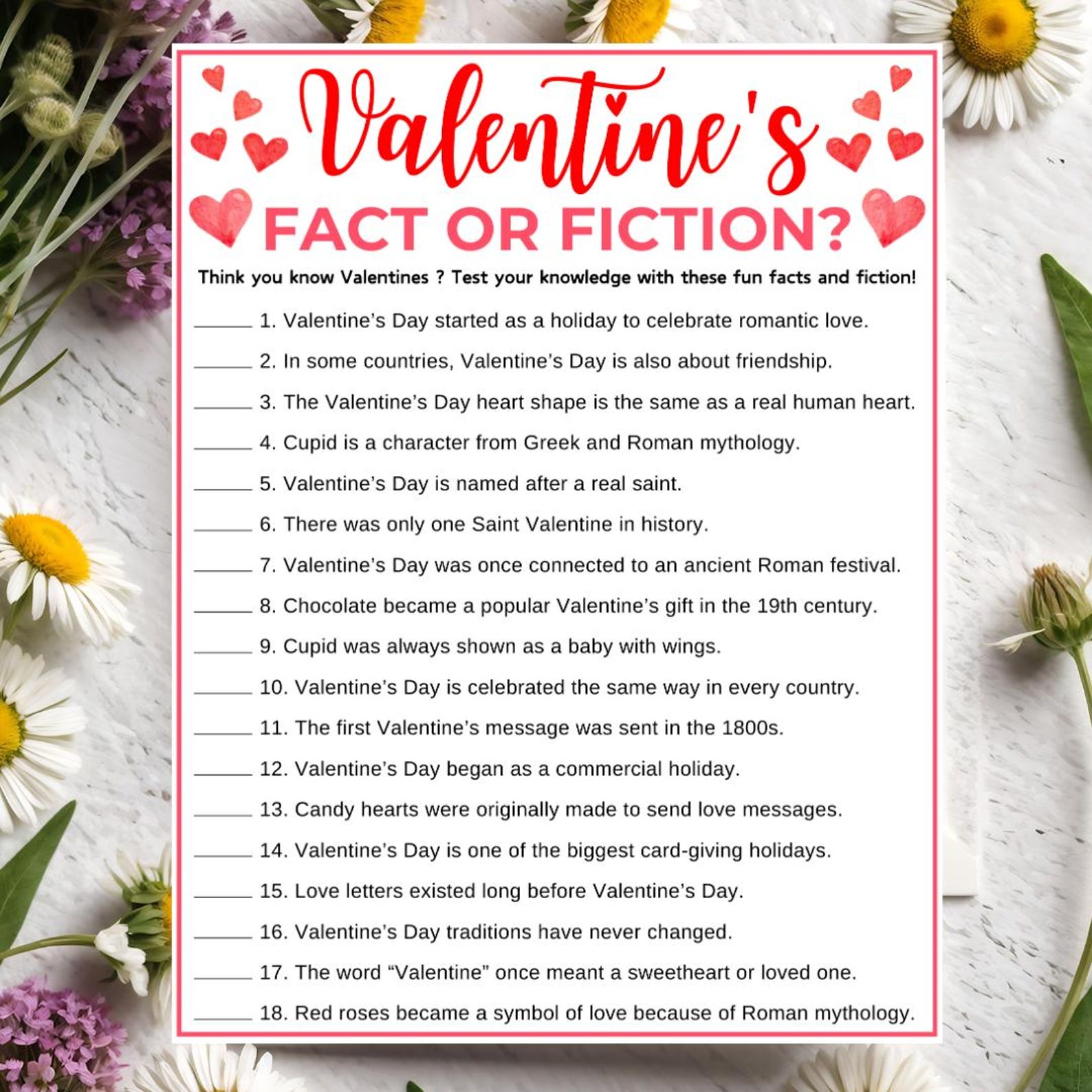 Valentine's Day Fact or Fiction Game, Printable Trivia Party Game ...