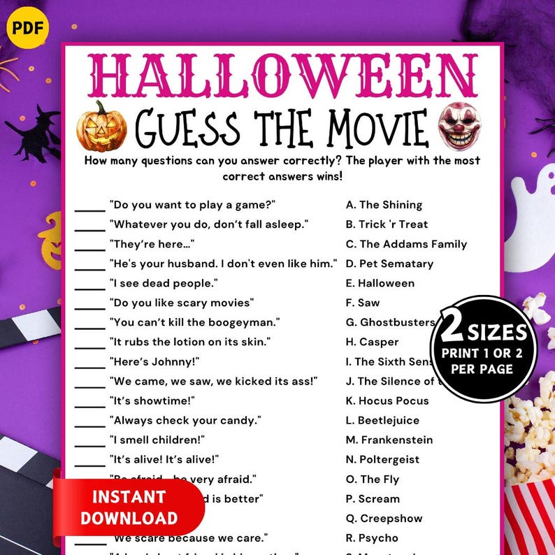 Halloween Guess the Movie Game, Movie Guessing Game, Halloween Party ...