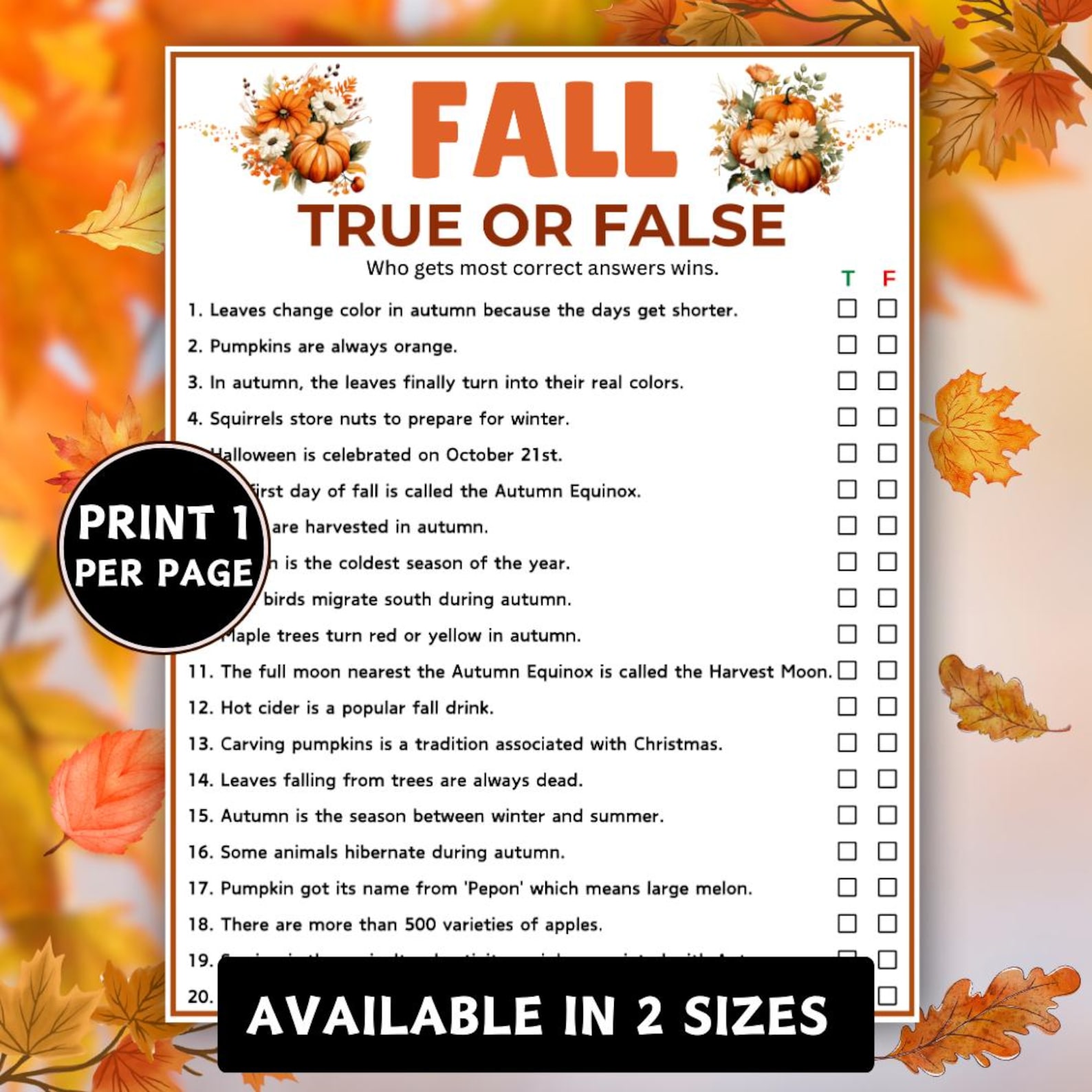 Fall Trivia Game, True or False Game, Printable Autumn Party Game, Fun ...
