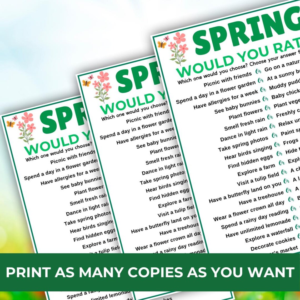 Spring Would You Rather Game, Printable Spring Game for Kids & Adults ...