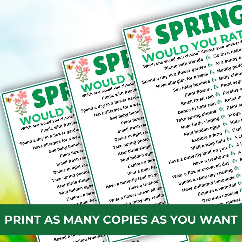 Spring Would You Rather Game, Printable Spring Game for Kids & Adults ...