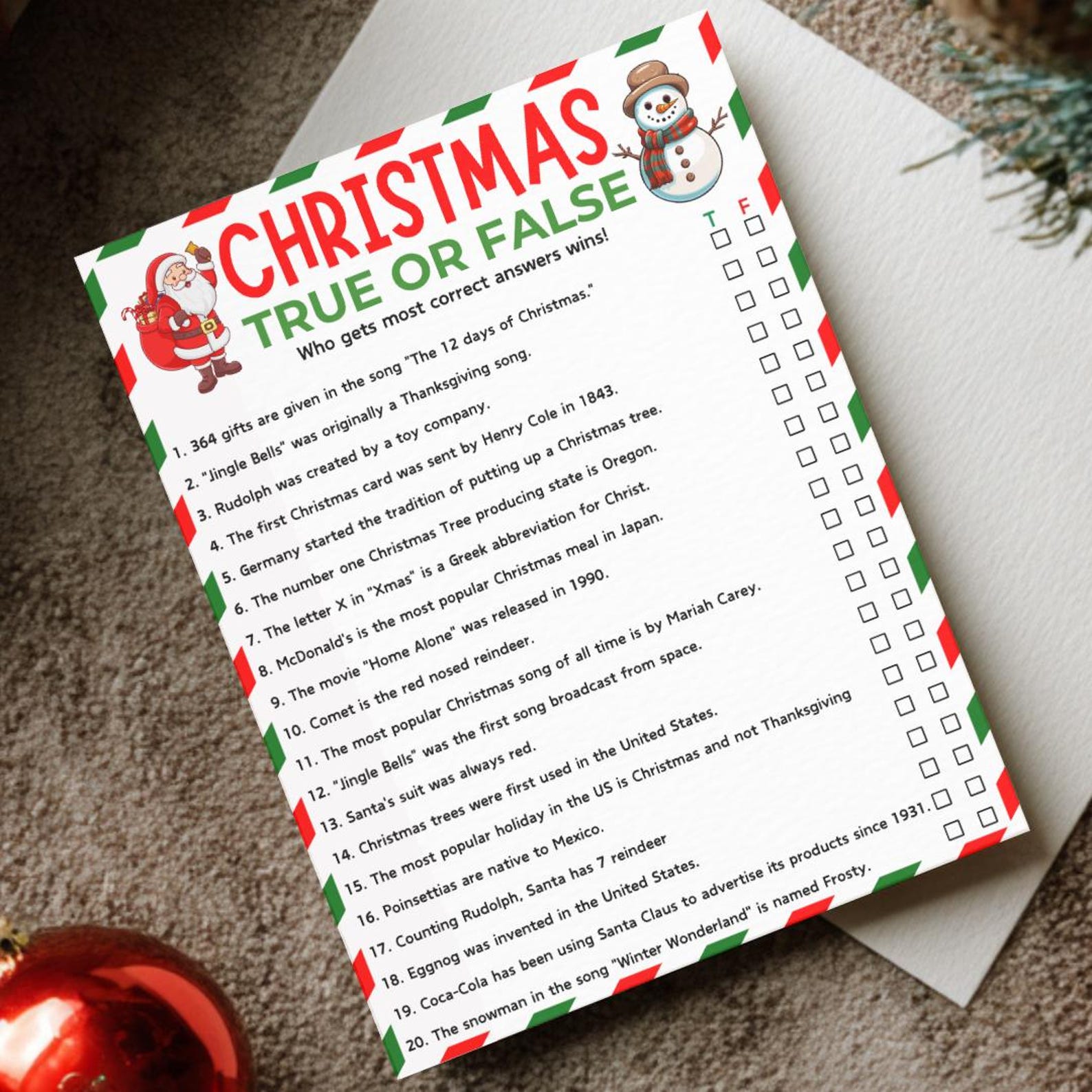 Christmas True or False Game, Printable Christmas Game, Christmas ...
